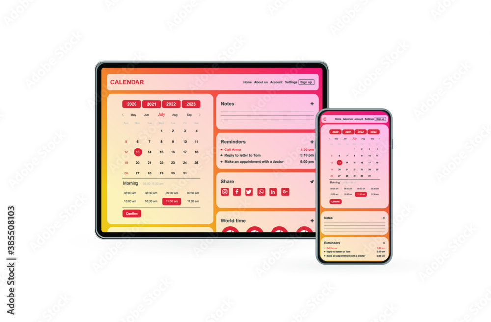 Calendar App Concept 2020 Page with To Do List and Tasks. Design Mockup ...