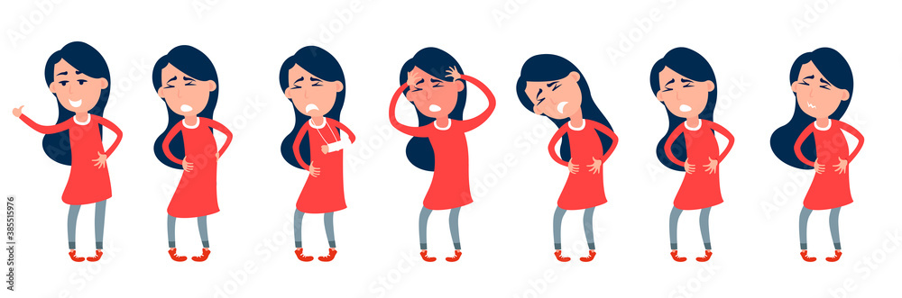 Set of icons women with pain in different parts of body. Backache ...