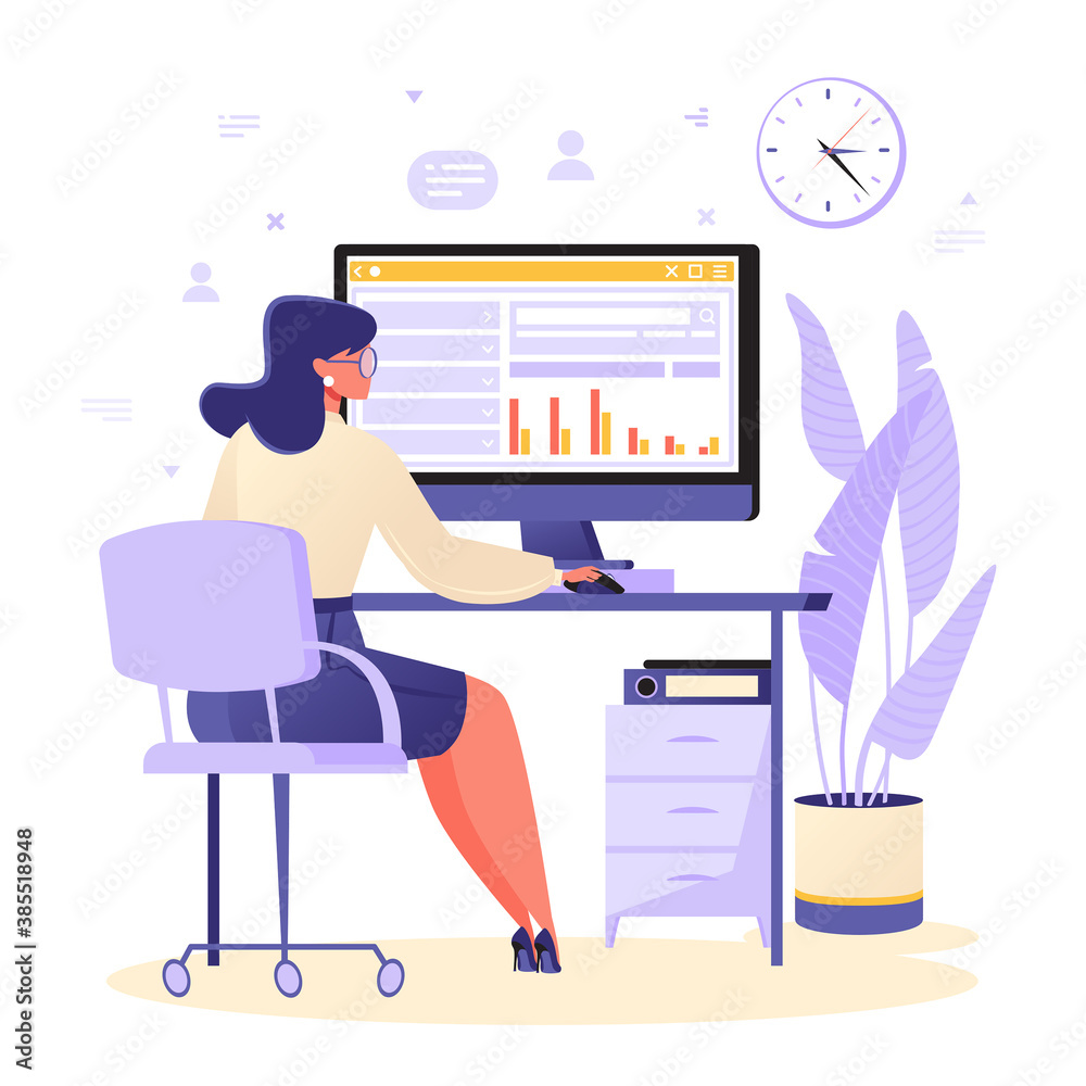 Everyday life of an office worker. Woman sitting at a table and working ...