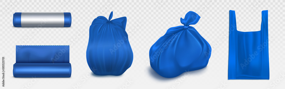 Trash bag mockup, plastic roll and sack full of garbage. Blue ...