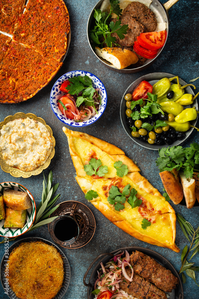 Traditional Turkish food, assorted dishes and mezze appetizers on ...