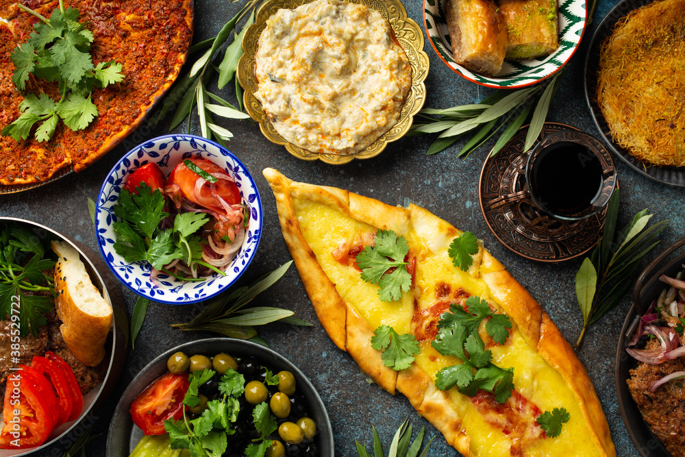 Traditional Turkish food, assorted dishes and mezze appetizers on ...