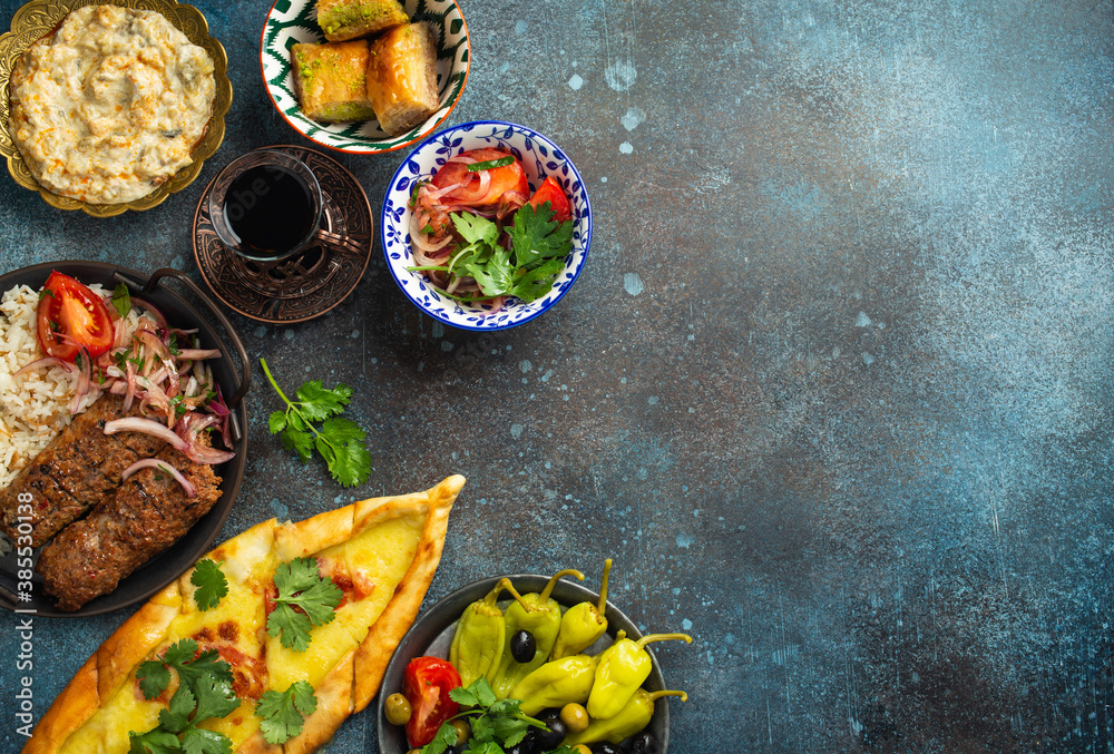 Traditional Turkish food, assorted dishes and mezze appetizers on ...