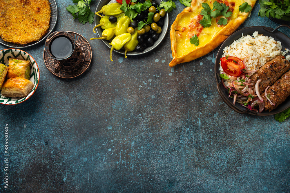 Traditional Turkish food, assorted dishes and mezze appetizers on ...