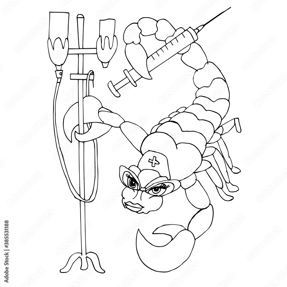 Scorpion nurse holds a syringe with her tail and carries a drip ...