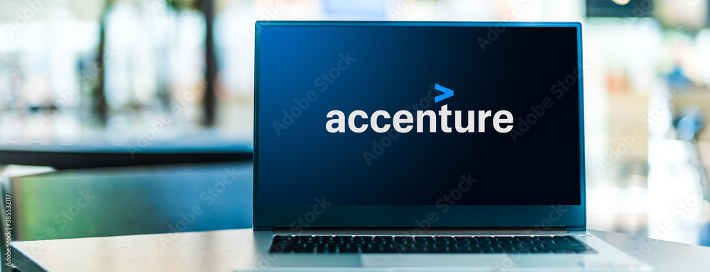 Laptop computer displaying logo of Accenture Stock Photo | Adobe Stock