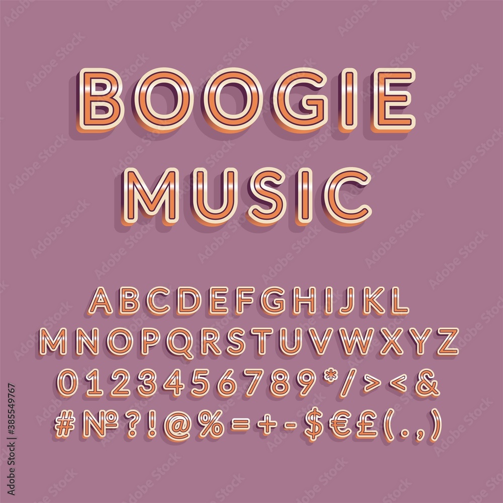 Boogie music header vintage 3d vector alphabet set. Retro bold font ...
