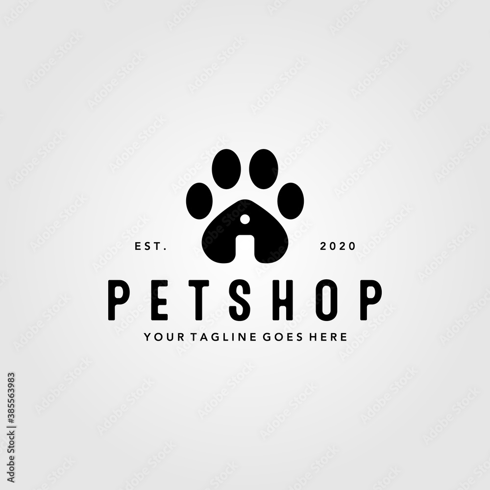 pet shop paw logo vector illustration design, vintage pet house ...