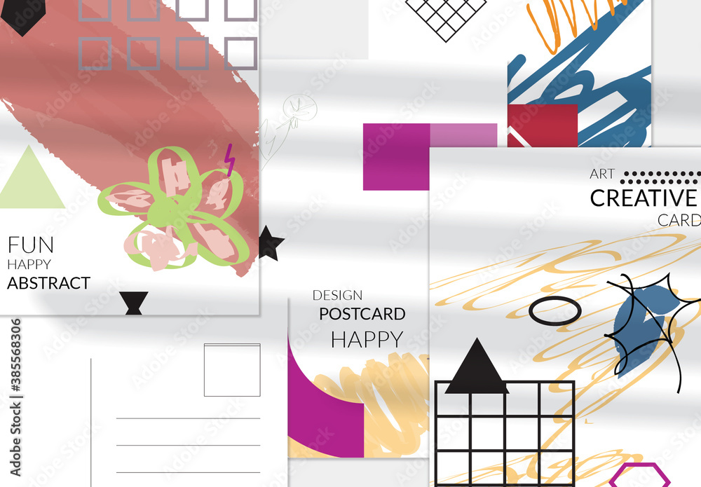 Postcard Layout with Abstract Floral Doodles and Geometric Shapes Stock ...