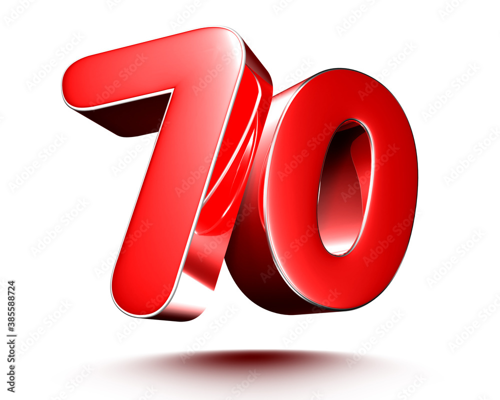 Red numbers 70 isolated on white background illustration 3D rendering ...
