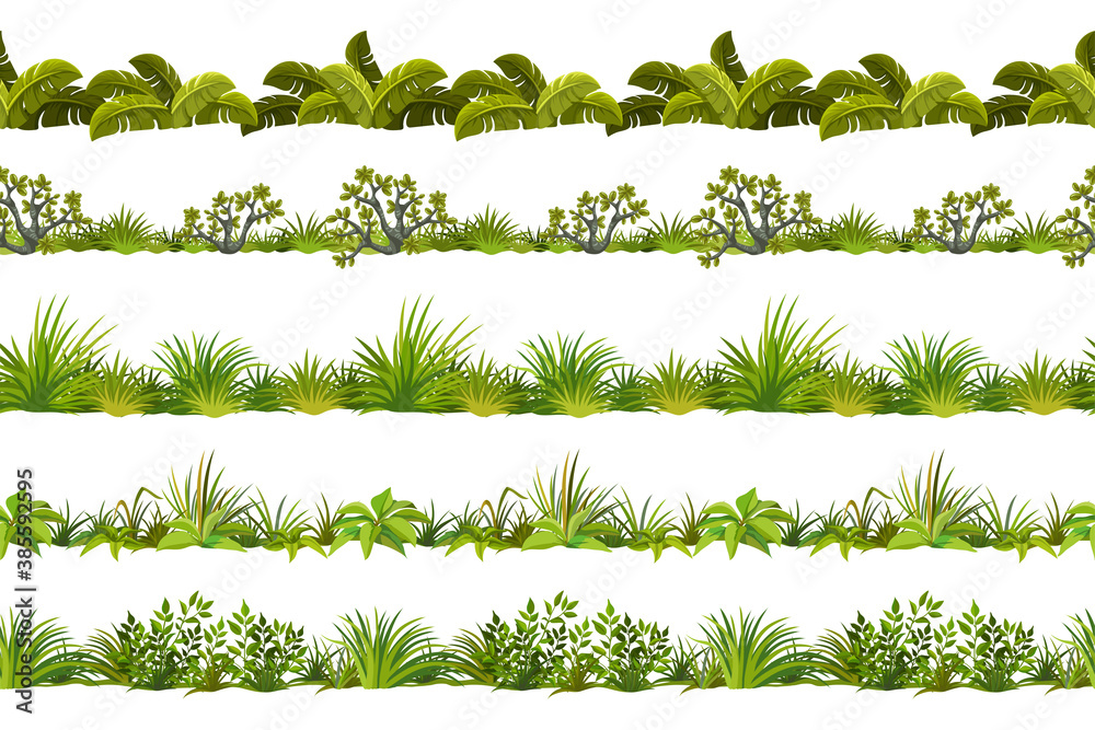 Set of seamless constructor green grass border. Vector fence of herb ...