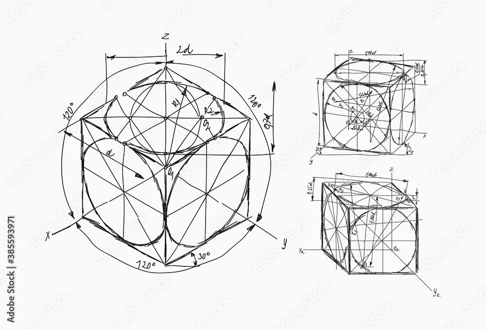 Construction of axonometry of a flat figure drawn vector circle in a ...