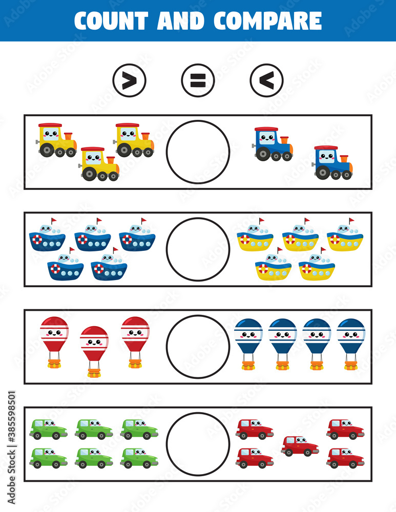 Vetor de Greater than or less than game for children. Count and compare ...