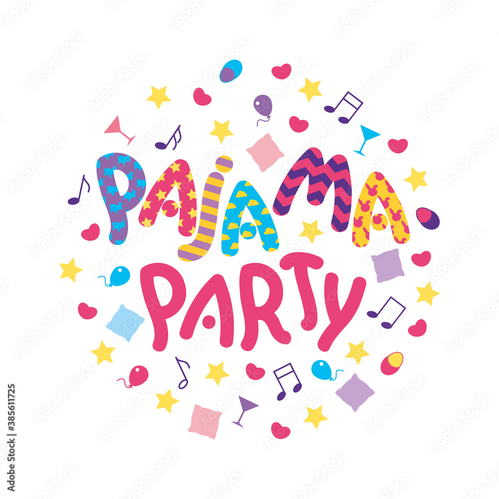 PAJAMA PARTY SIGN DESIGN WITH PARTY ELEMENTS ISOLATED ON WITE BACKROUNG ...
