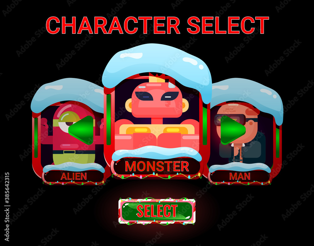 Character selection menu interface with snowy Christmas theme for gui ...