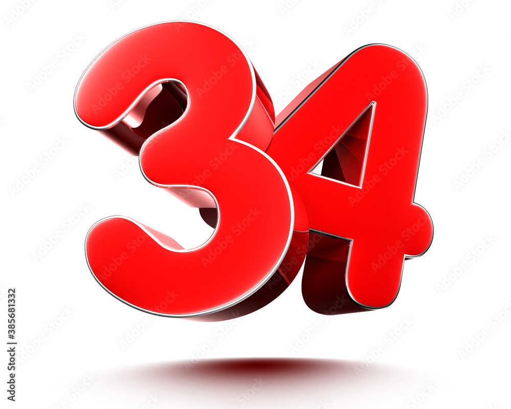 Red numbers 34 isolated on white background illustration 3D rendering ...