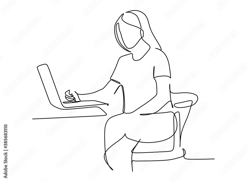 Girl sitting on a chair with laptop - Continuous one line drawing Stock ...