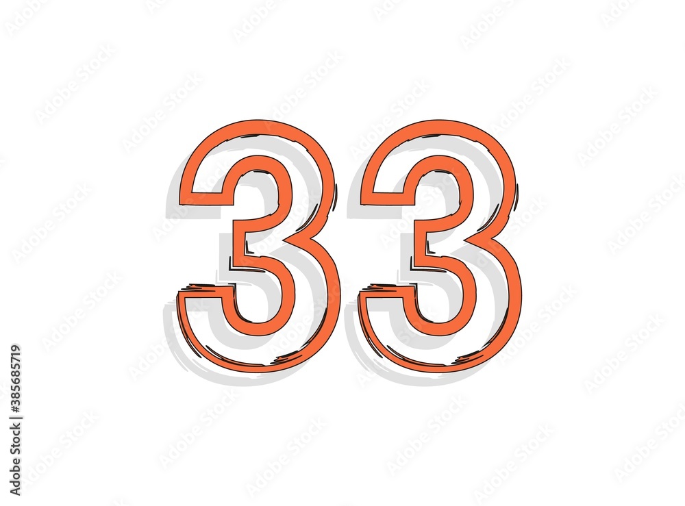 33 orange number, hand drawn brush stroke. Comic style design. For ...