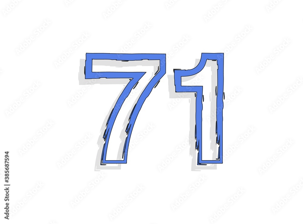 71 blue number, hand drawn brush stroke. Comic style design. For design ...