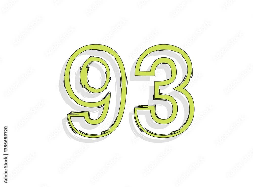 93 green number, hand drawn brush stroke. Comic style design. For ...