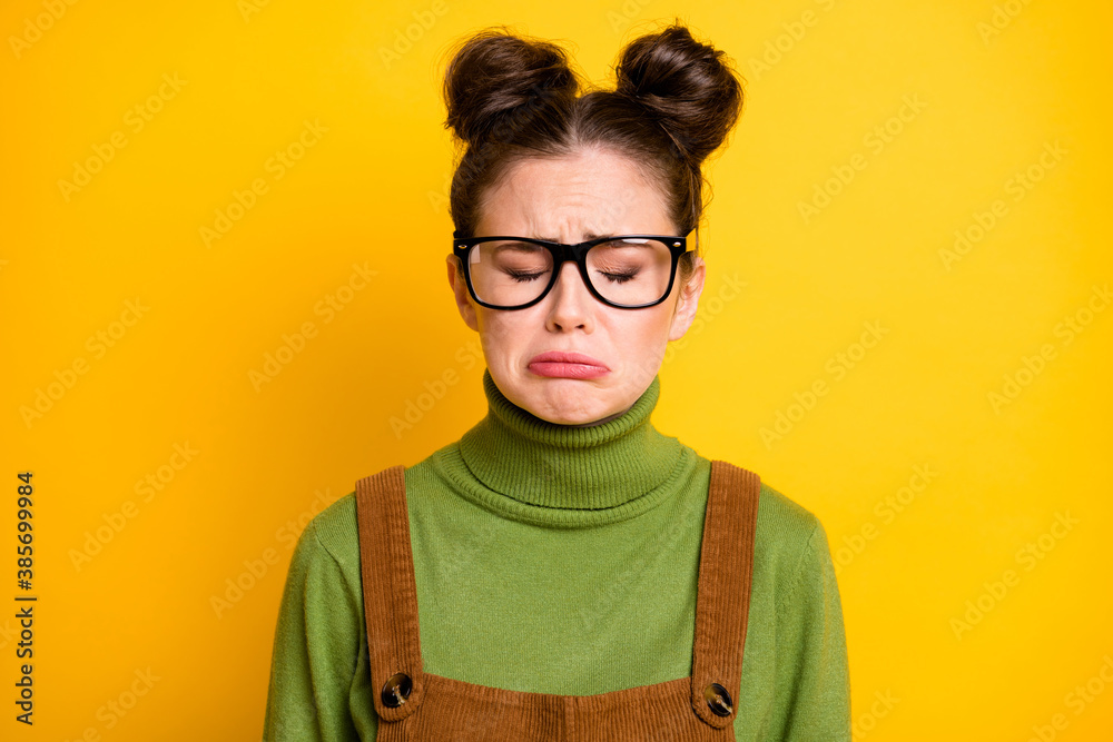 Closeup photo of attractive sad lady two funny buns geek nerd a-student ...