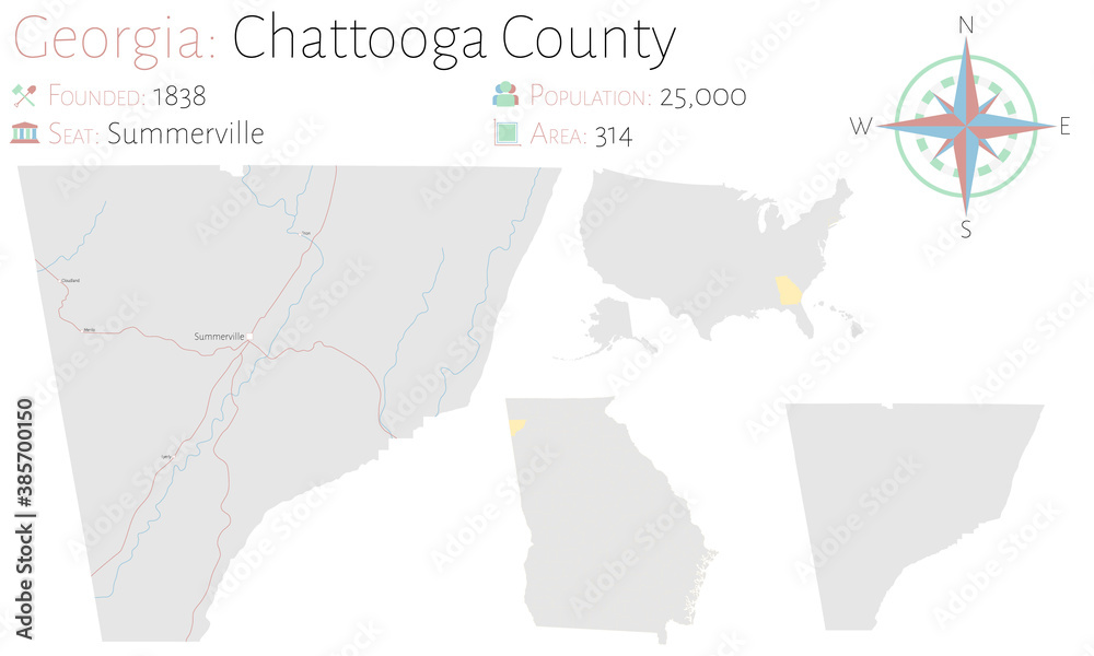 Large and detailed map of Chattooga county in Georgia, USA. Stock ...
