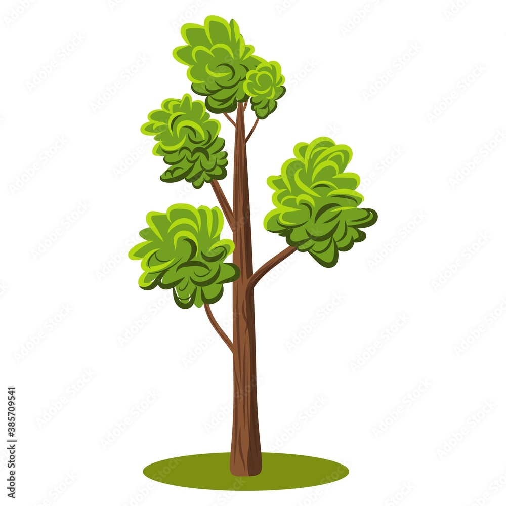 Flat cartoon vector tree with variety of green chades leaves. Flat Vector Illustration for ...
