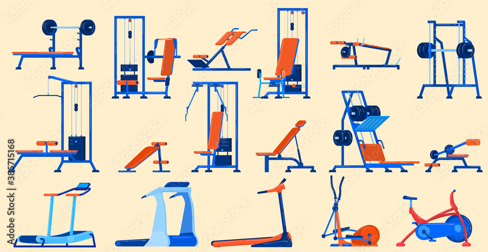 Fitness sport gym equipment vector illustration set. Cartoon flat ...
