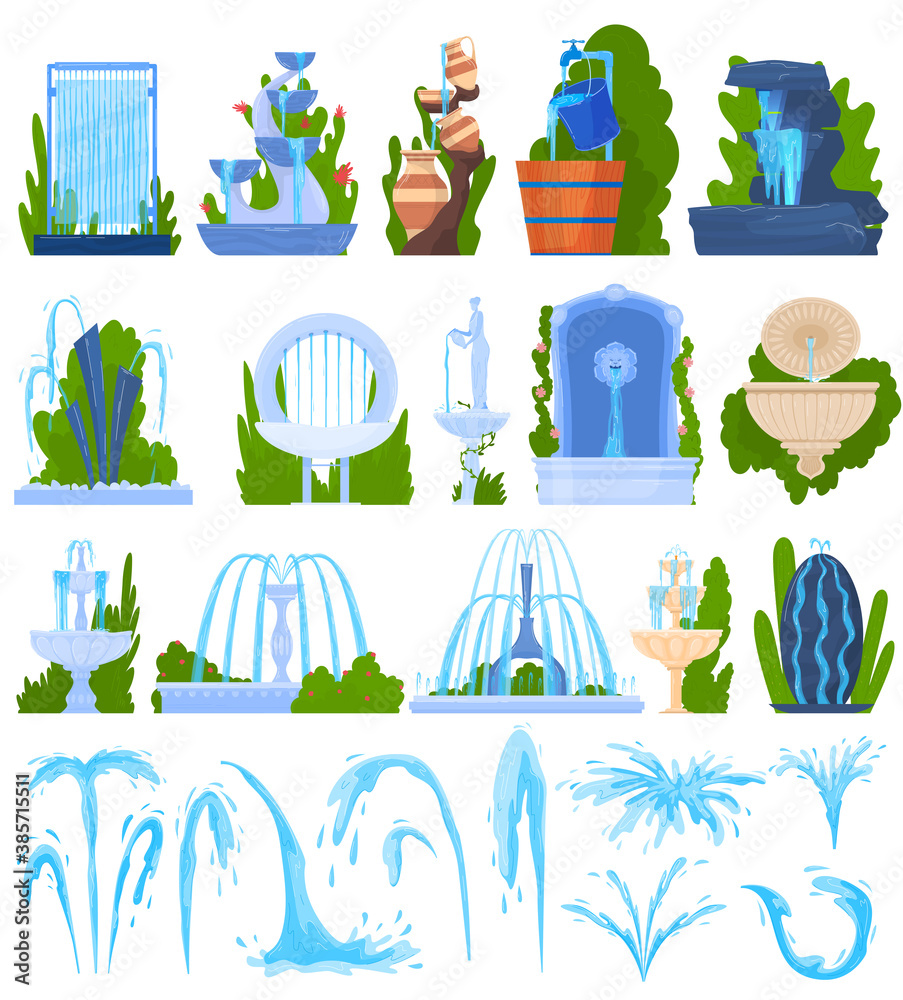 Water fountain architecture decor vector illustration set. Cartoon flat ...