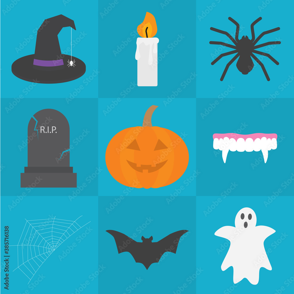 compositions of halloween icons; jack-o’-lantern, witch hat, grave ...