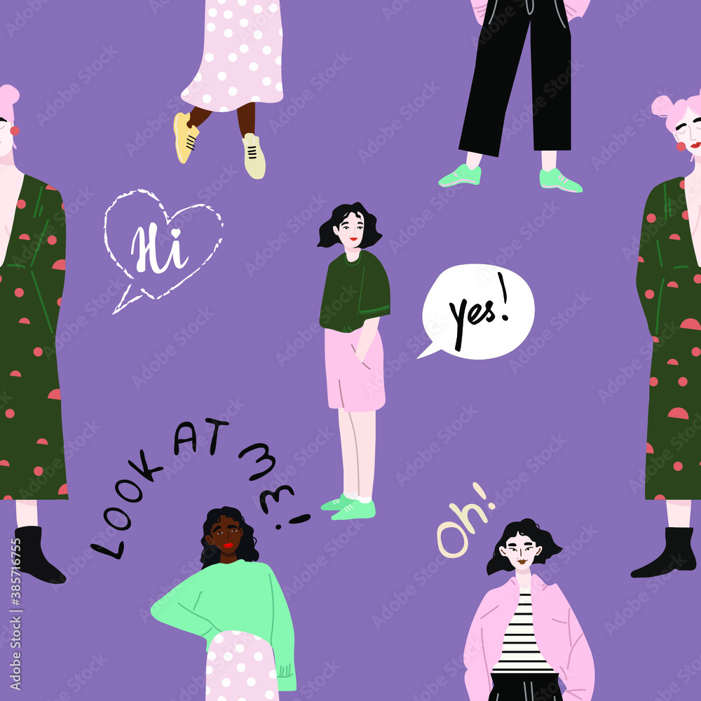 Seamless pattern and hand drawn texture. Pretty girls posing in ...