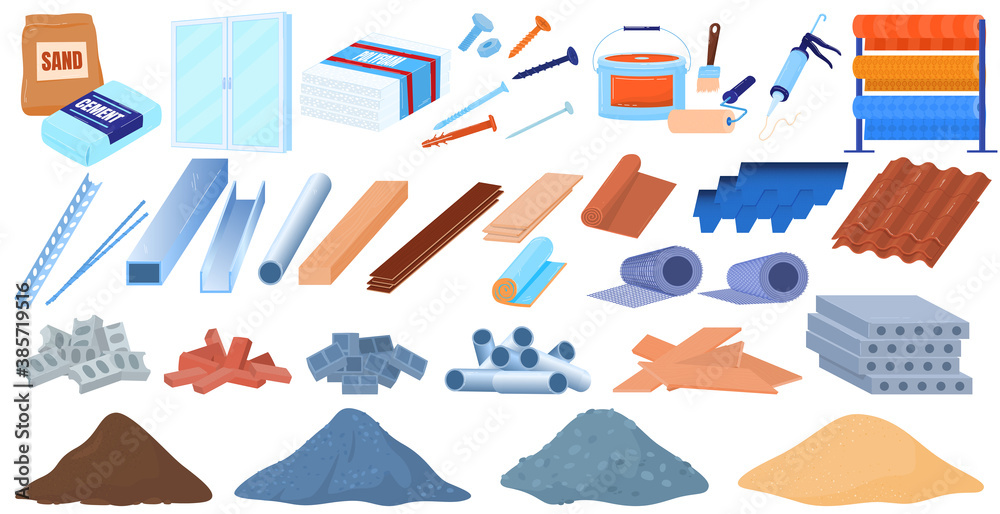 Building construction materials vector illustration set. Cartoon flat ...