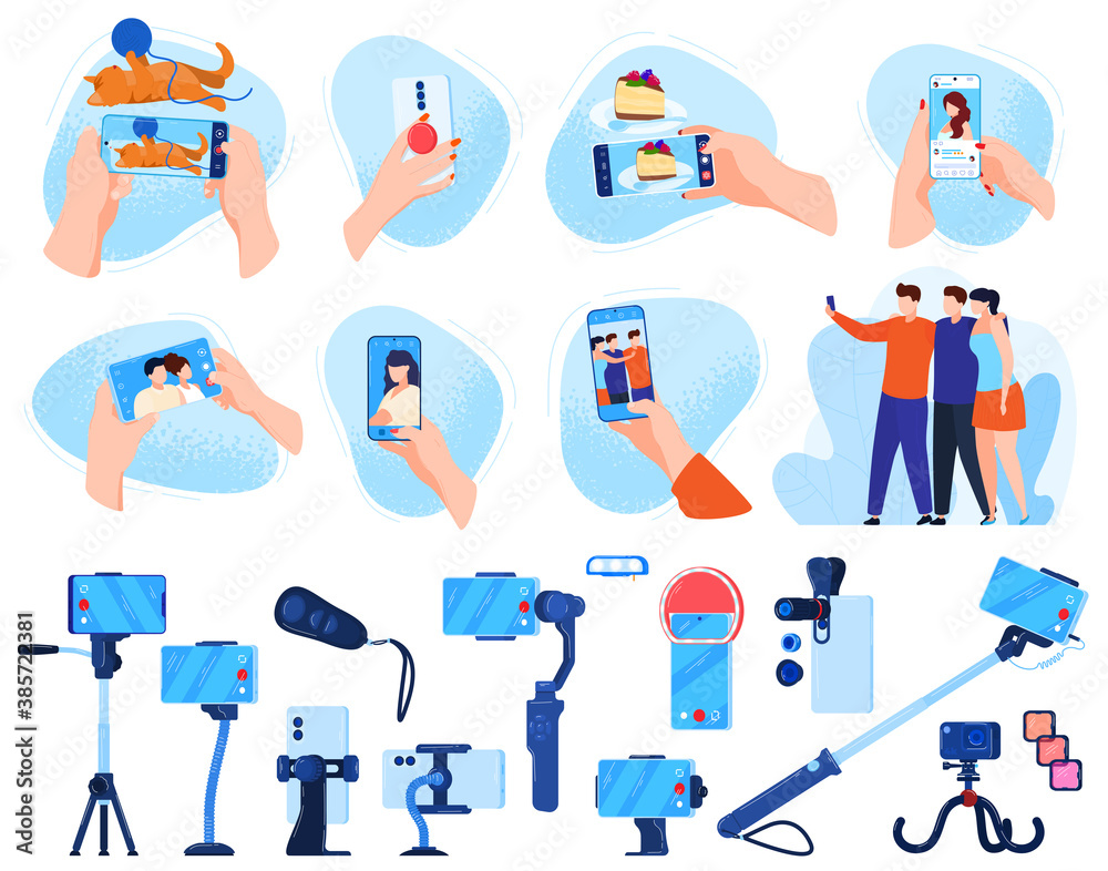 Photo phone shooting vector illustration set. Cartoon flat mobile ...