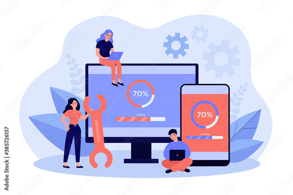 Tiny people updating operation system of computer isolated flat vector ...