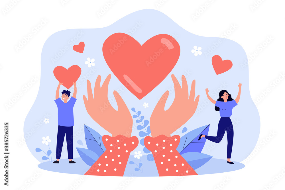 Hands holding heart symbol flat vector illustration. Happy cartoon ...
