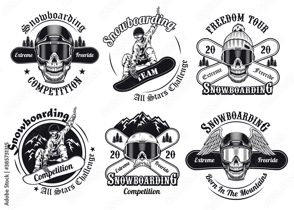Monochrome snowboarders set. Cartoon skulls with crossed snowboards ...
