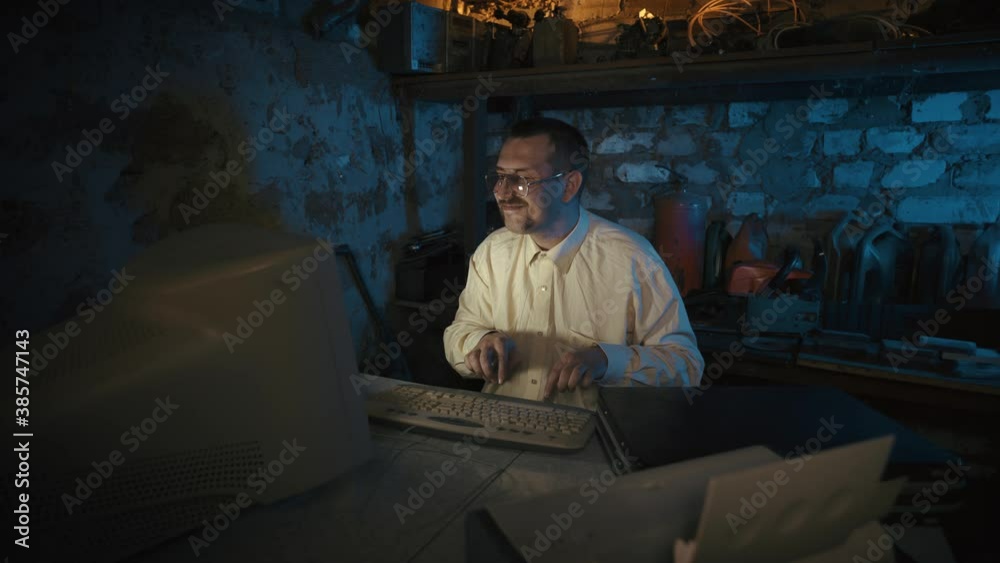 Computer nerd is typing on a keyboard. Video conference in group ...