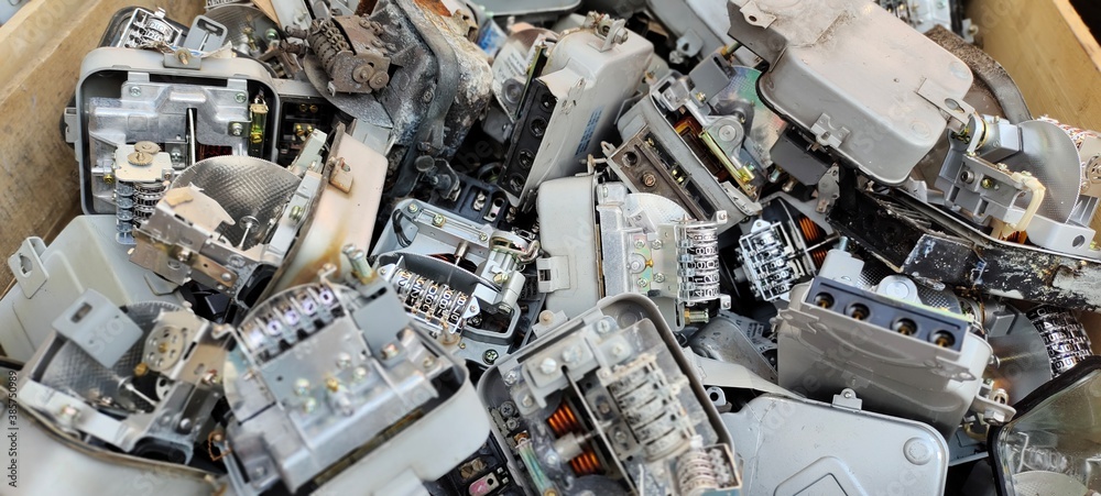 The electric meter are damages place in many crates. Stock Photo ...