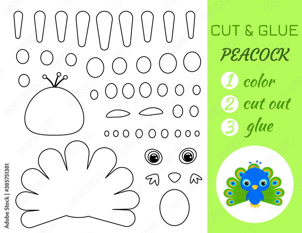 Coloring book cut and glue baby peacock. Educational paper game for ...