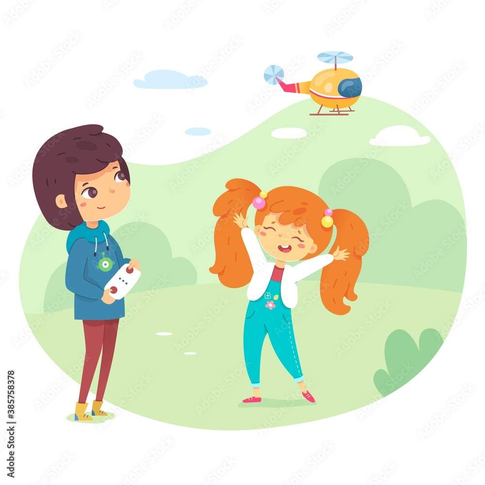 Kids playing with toy helicopter outdoors. Boy controling flying ...