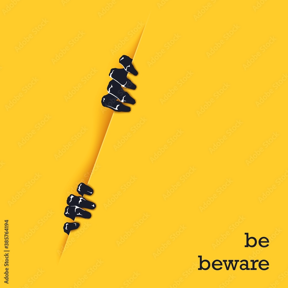 Be beware. Funny poster template for Halloween. Two scaring hands crawl ...