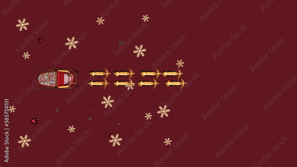 Red Christmas background with reindeers and Santa sleigh, gold snow ...