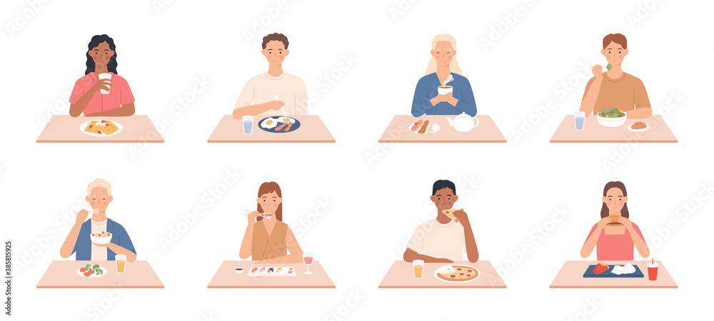 People eat. Men and women eating delicious meals, friends sit at table ...