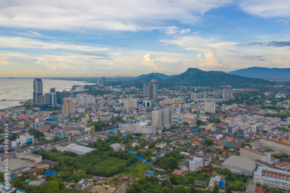 Aerial view of residential buildings in Sri Racha district with sea ...