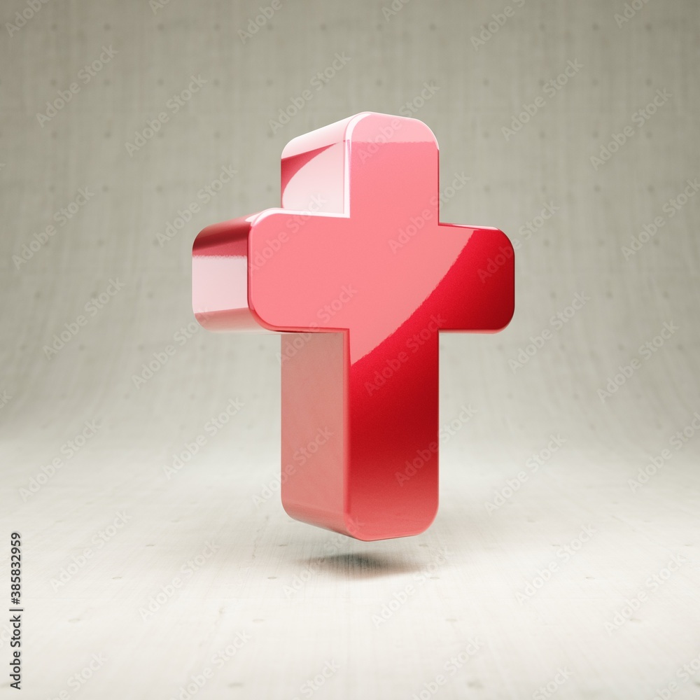 Cross icon. Red glossy metallic Cross symbol isolated on white concrete ...