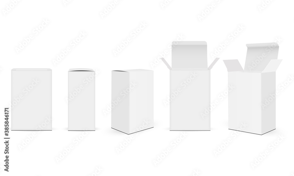 Set of paper rectangular packaging boxes mockups with different views, isolated on white ...