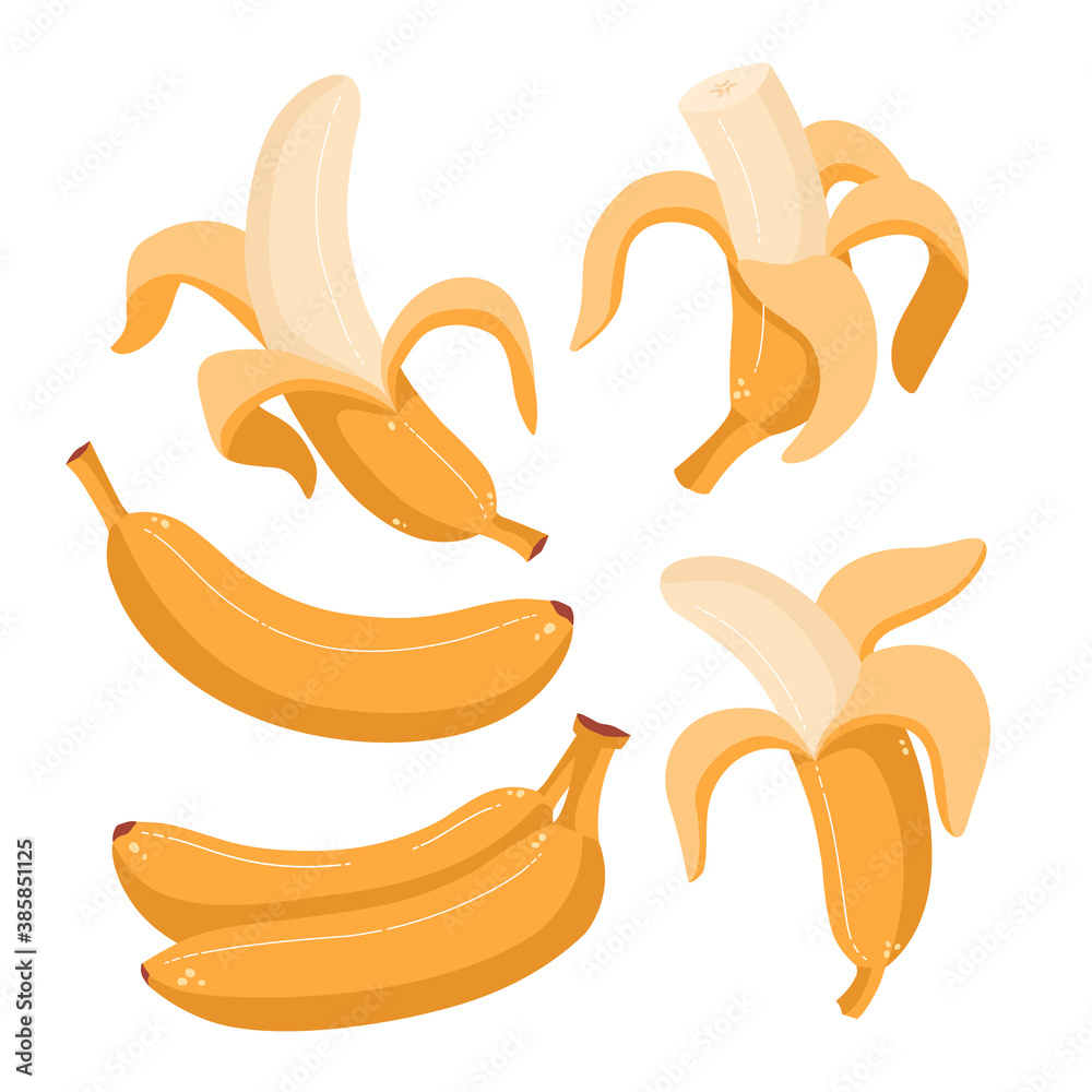 Set of cartoon banana one, two and three peeled banana. Fresh tropical ...