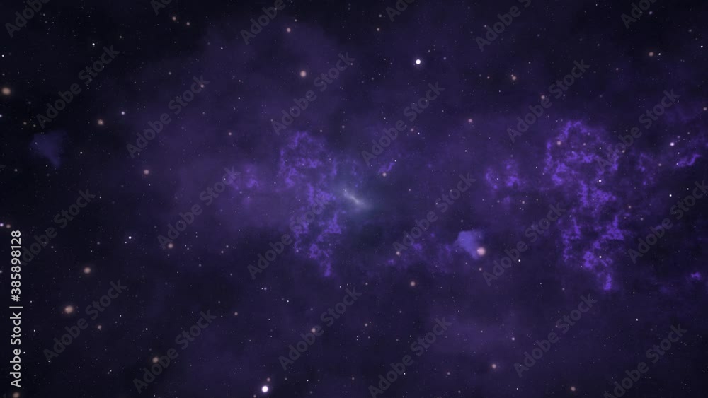 Space Travel Throug Blue and Purple Nebula Clouds and Star Clusters ...