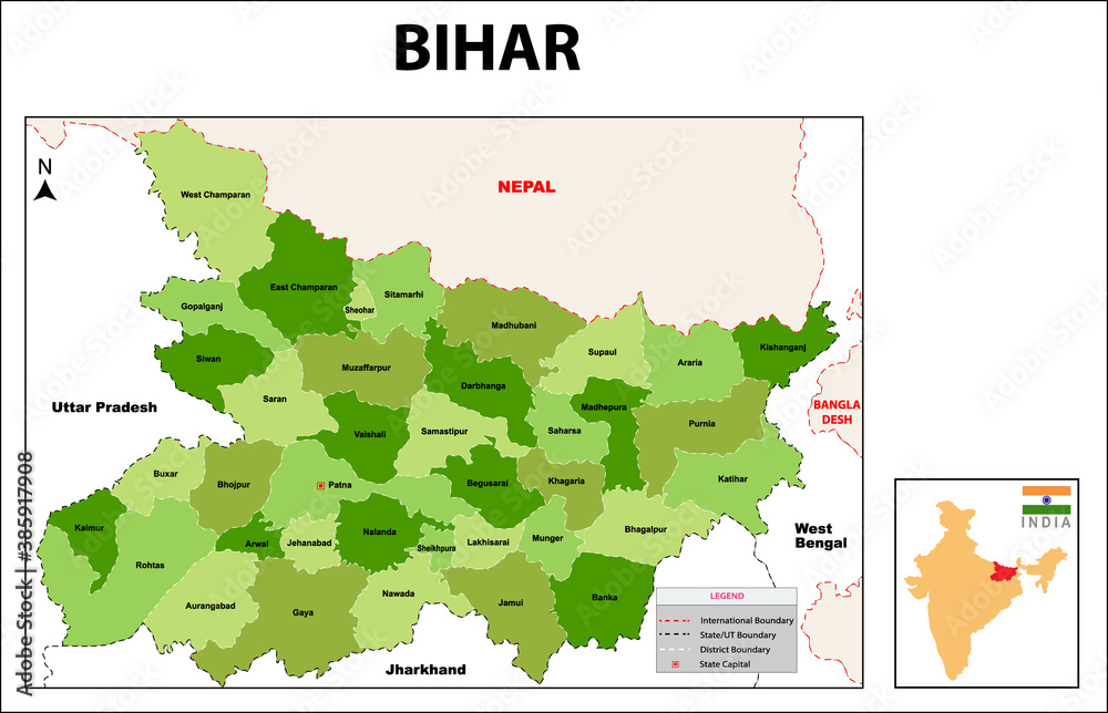 Bihar Map.Political map of Bihar District. Bihar map with green color ...