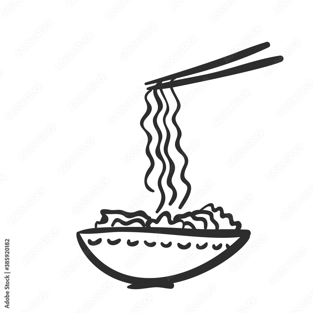 Noodle at bowl and on chopsticks doodle, Asian food ramen simple vector ...